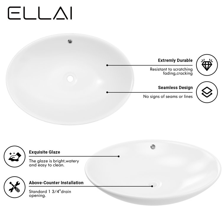 ELLAI Bathroom Vessel Sink Oval Art Sink Vanity Above Counter Top Mount Basin White 25"x16.3"x5 ...